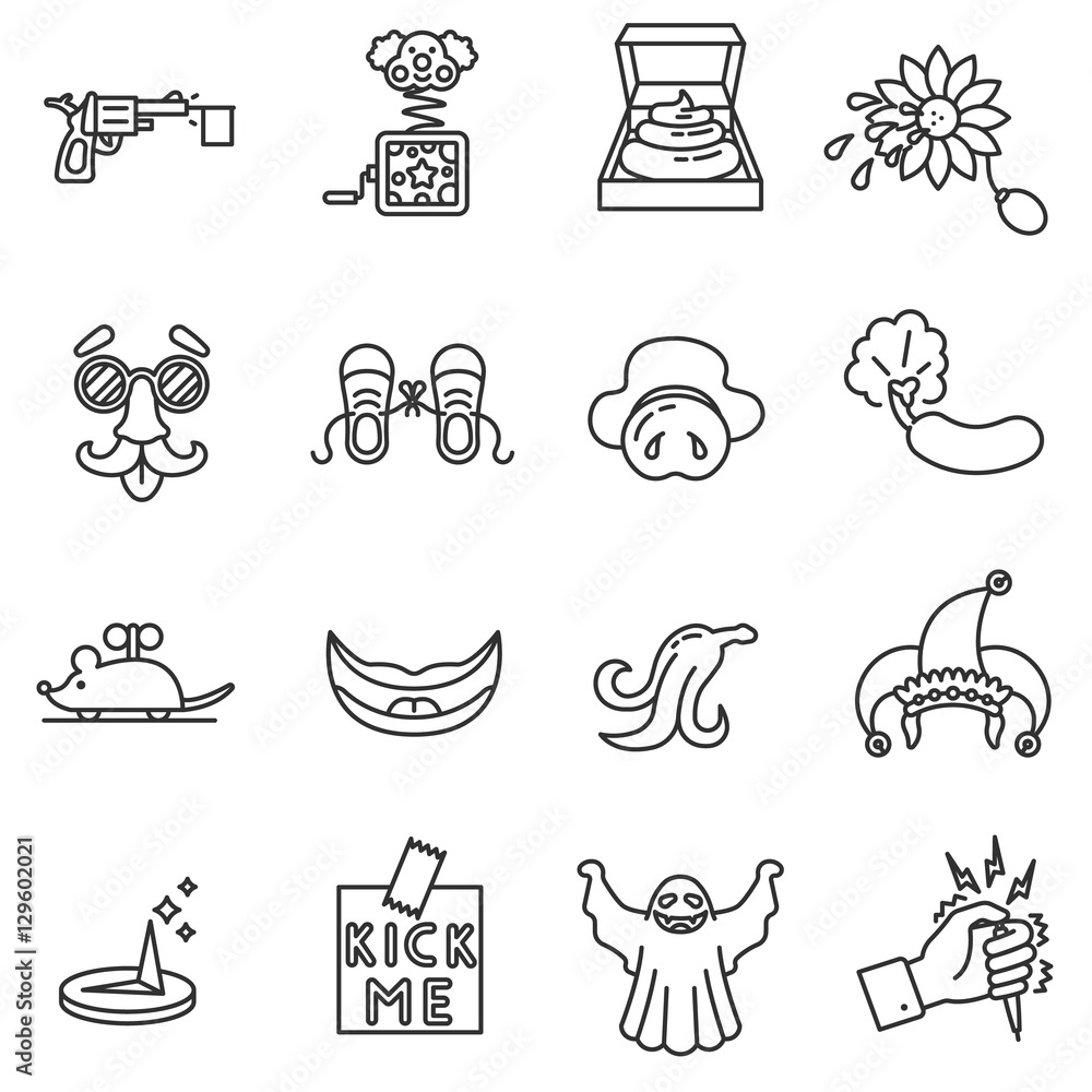 Fun and practical jokes icons set. April Fools' Day, thin line design ...