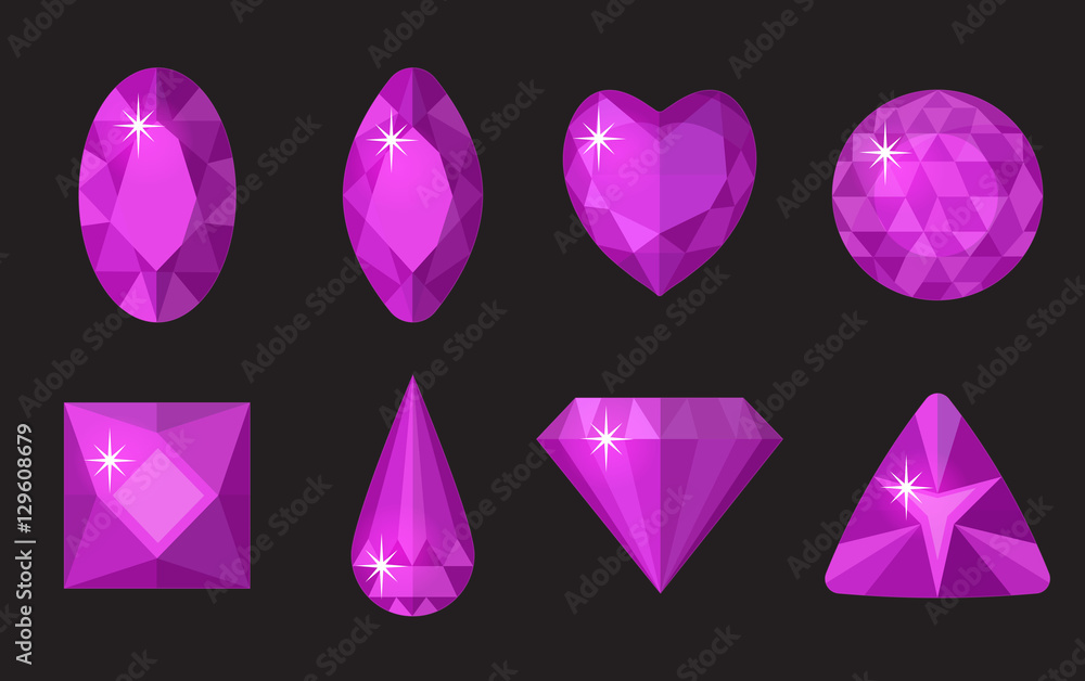 Purple gems set. Jewelry, crystals collection isolated on black ...