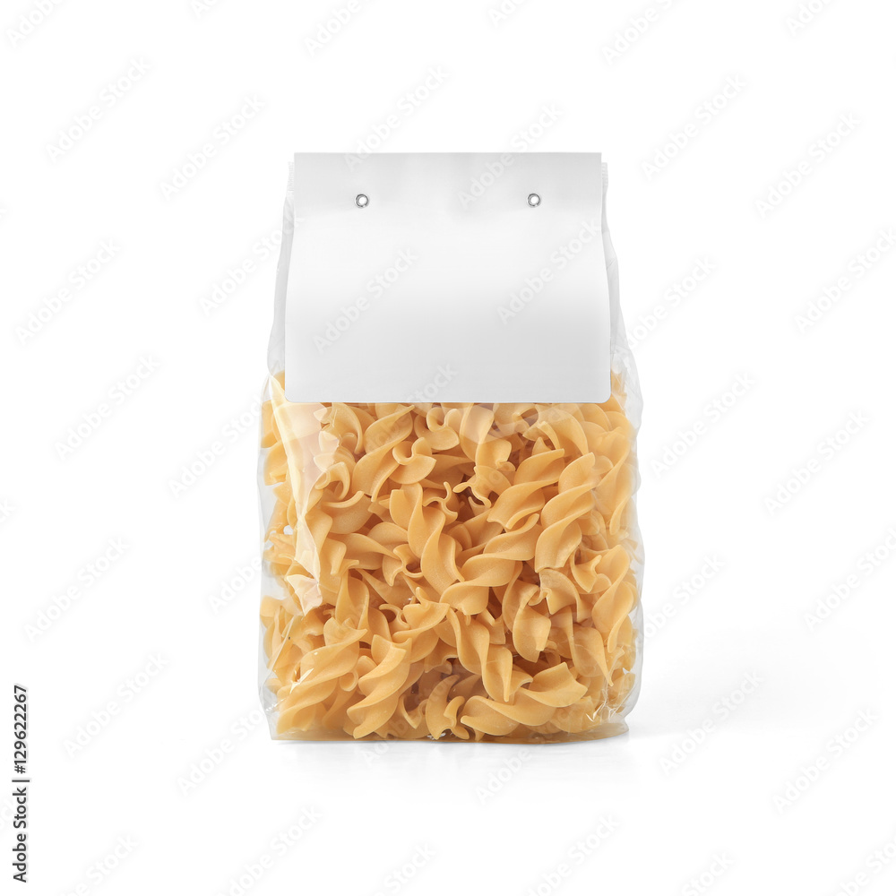 Transparent plastic pasta bag with paper label isolated on white ...