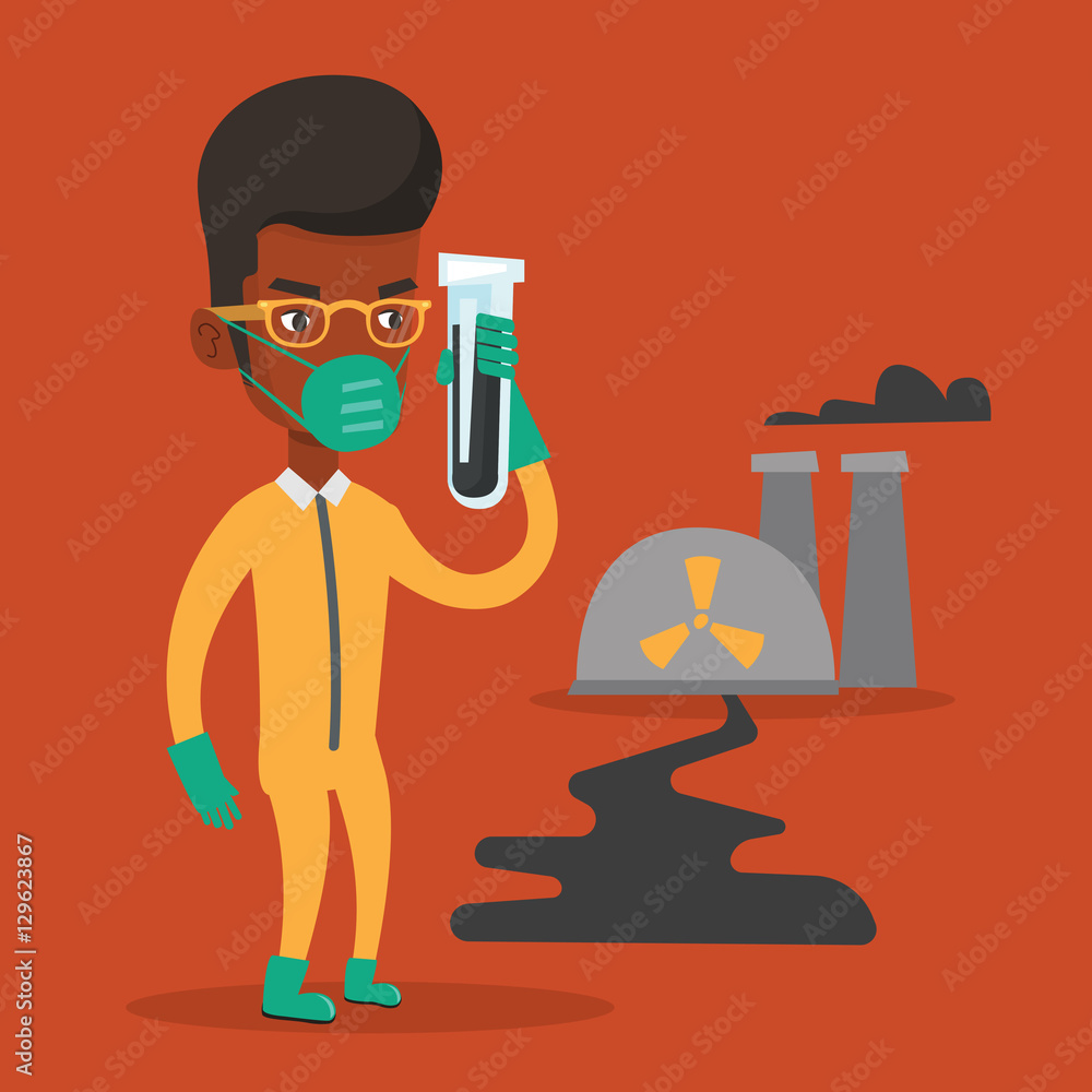 Man in radiation protective suit with test tube. Stock Vector | Adobe Stock