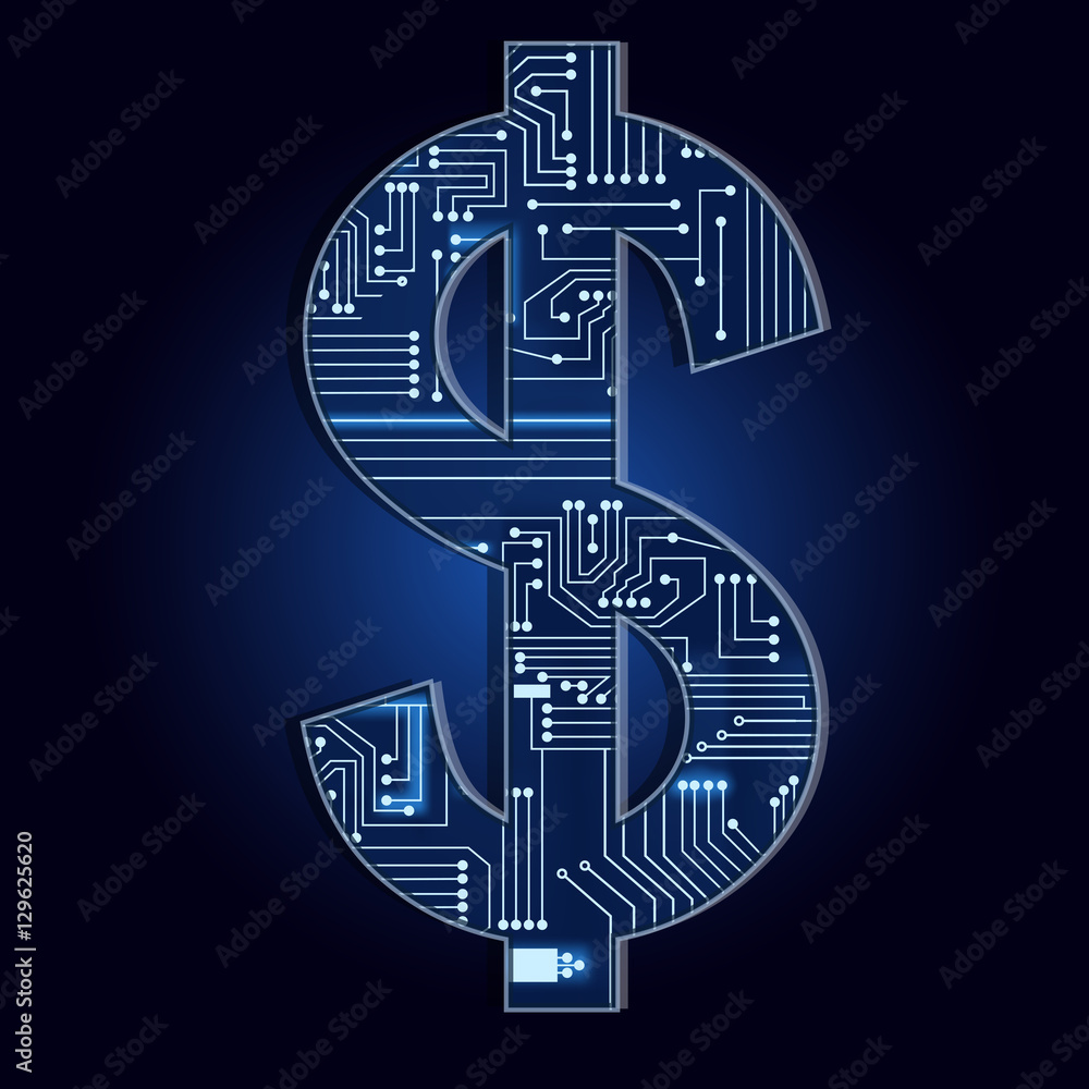 Dollar sign filled with an electronic circuit. Blue background. Stock ...