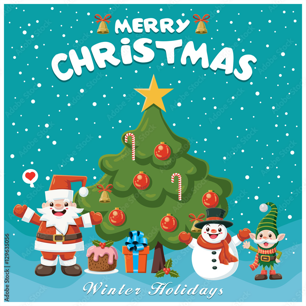 Vintage Christmas poster design with Santa Claus, snowman, elf ...