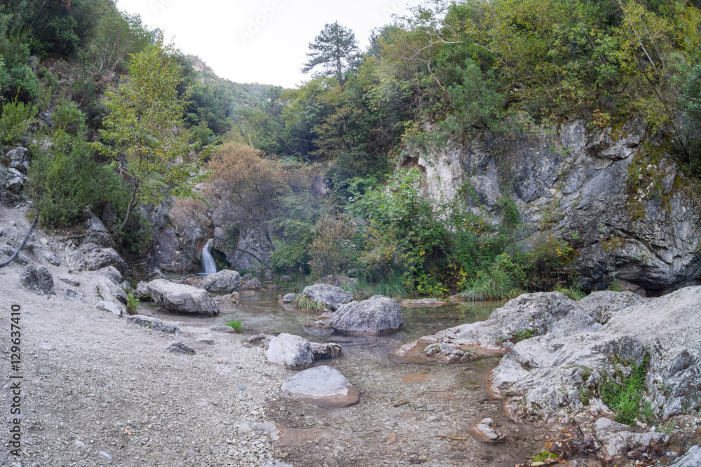 Mythological Orpheus Spring with cool pond on ancient Helicon (Baphyras ...