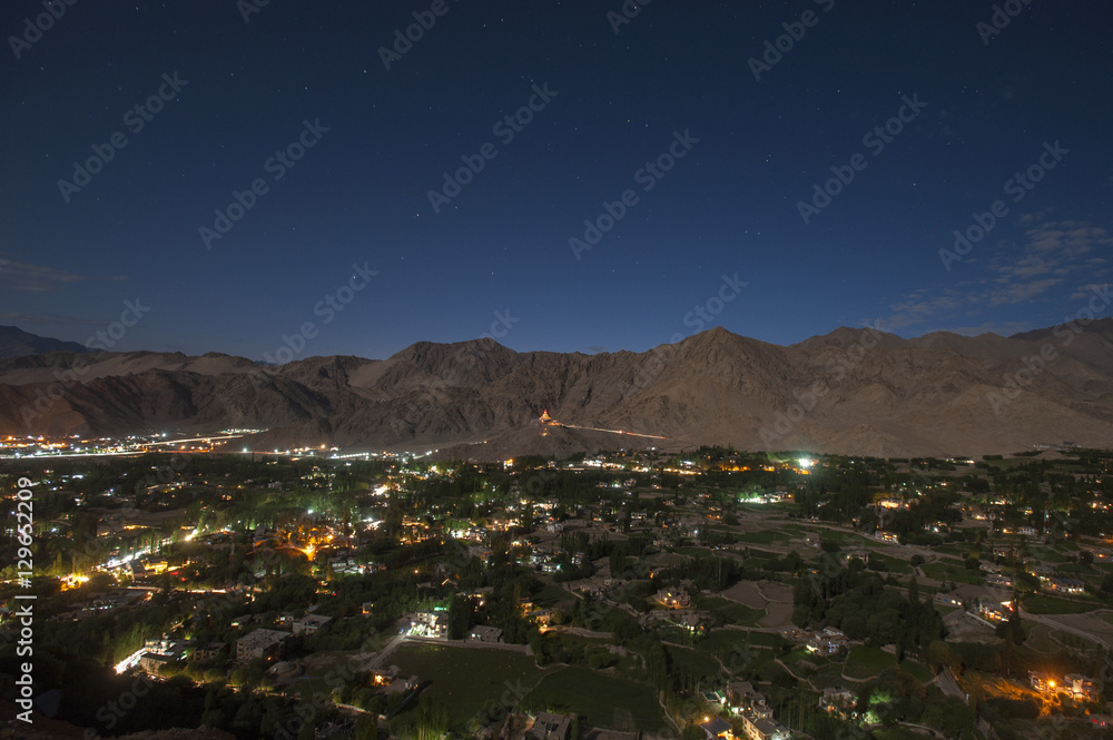 Leh, the capital city of Ladakh glows at night, Ladakh Stock Photo ...
