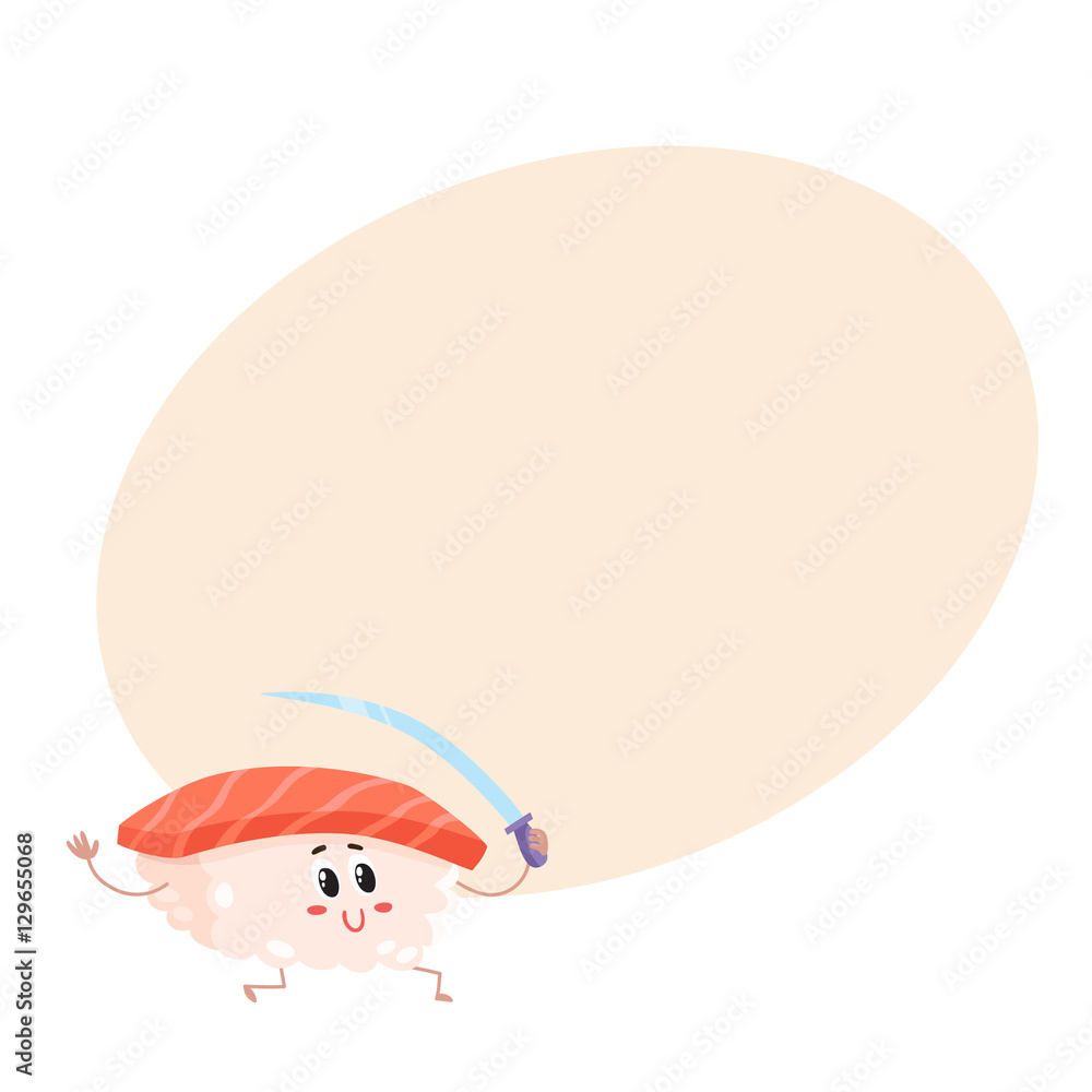 Salmon, tuna sushi character with a Japanese sword, cartoon vector ...