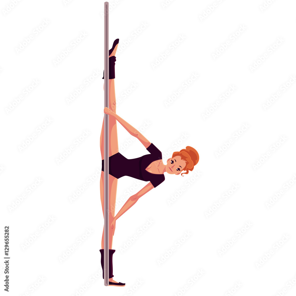 Young woman in black leotard doing leg split at the pole, cartoon style ...