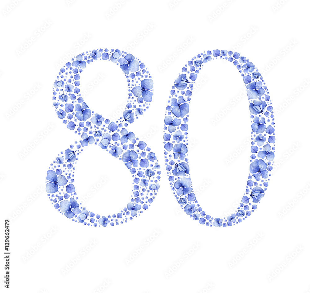 lue floral watercolor hydrangea number 80. Aquarelle birthday eightieth ...