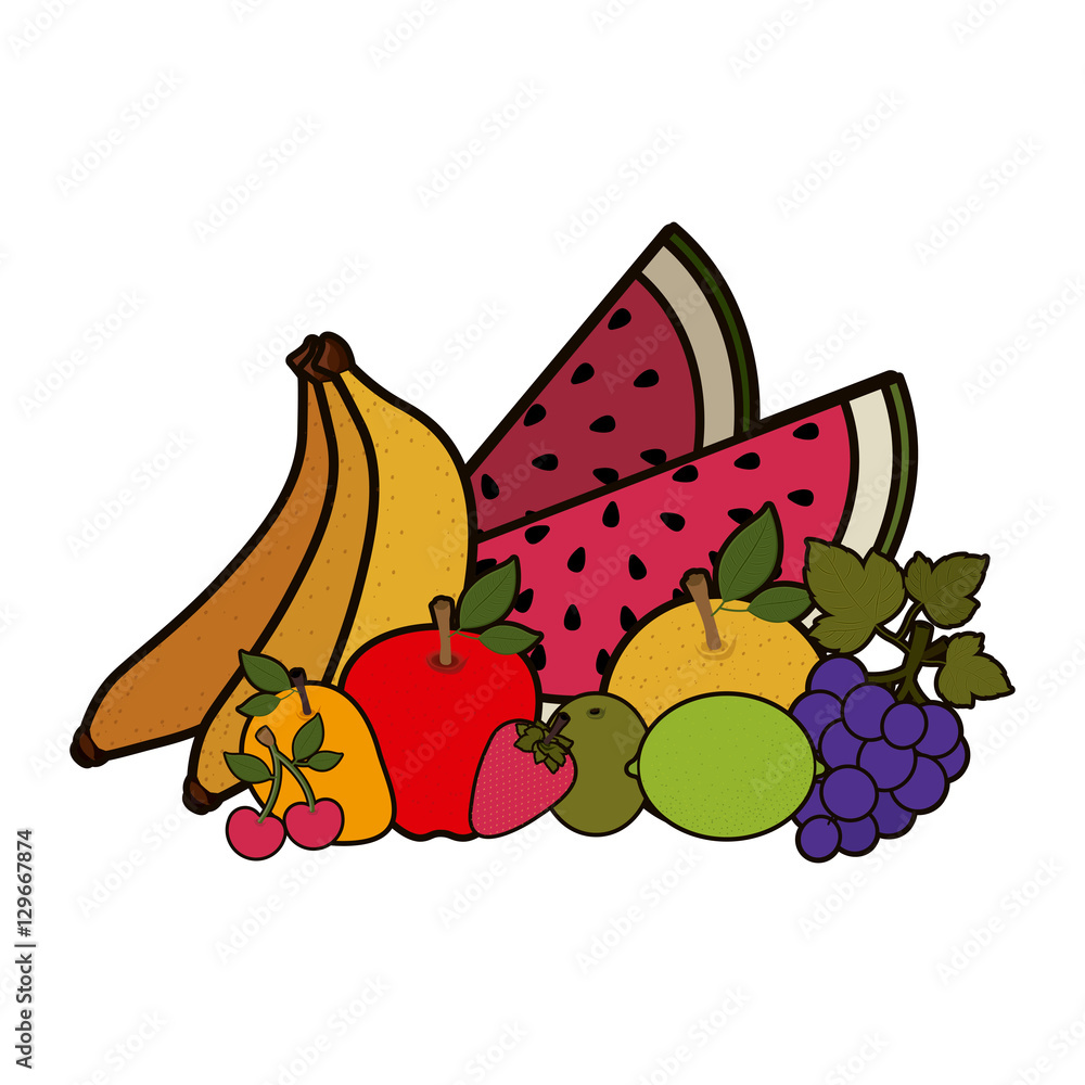 Lemon watermelon banana apple orange and grapes fruit icon. Healthy ...