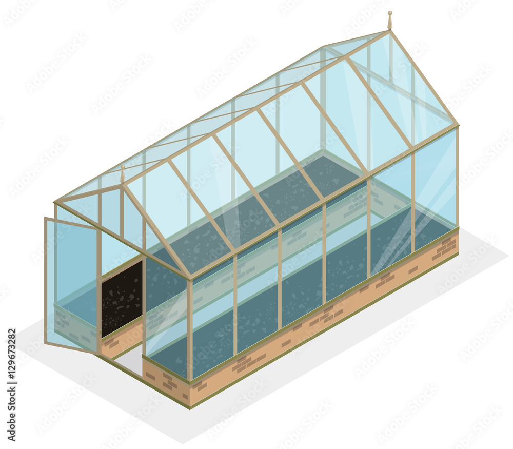 Isometric greenhouse with glass walls, foundations, gable roof and ...