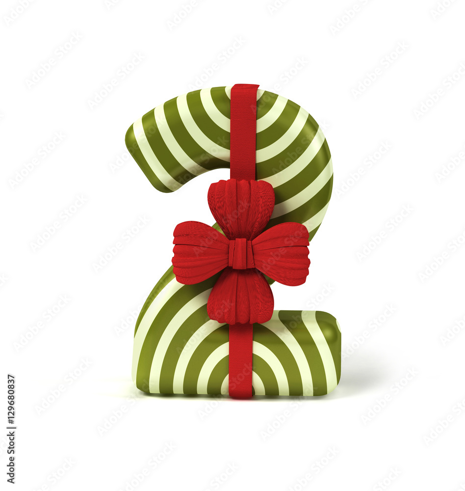 Number 2 decorated as Gift Box with Red Ribbon isolated on White ...
