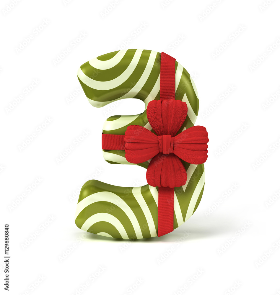 Number 3 decorated as Gift Box with Red Ribbon isolated on White ...