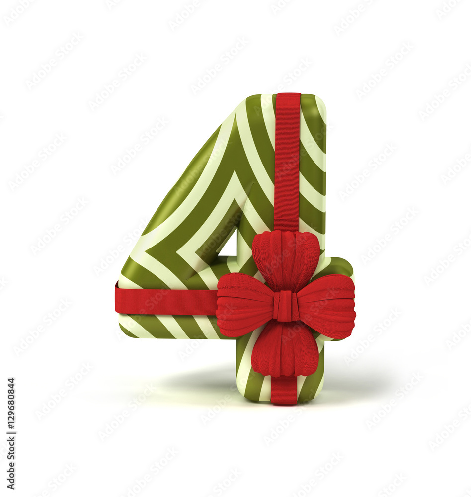 Number 4 decorated as Gift Box with Red Ribbon isolated on White ...