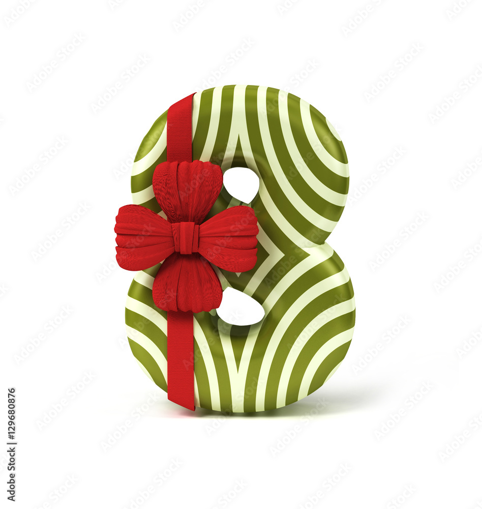 Number 8 decorated as Gift Box with Red Ribbon isolated on White ...