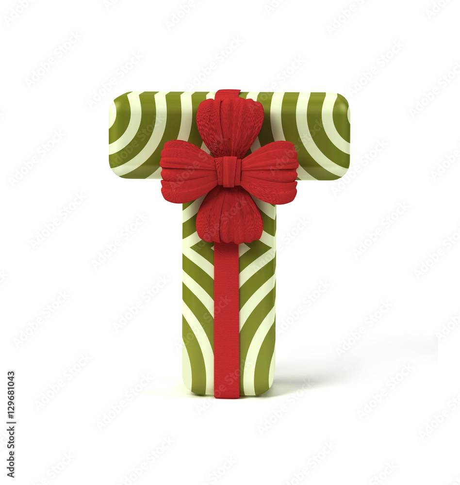 Letter T decorated as Gift Box with Red Ribbon isolated on White ...