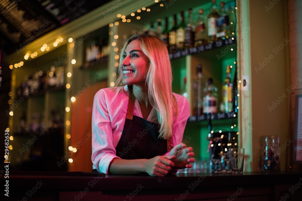 Beautiful waitress leaning at bar counter Stock Photo | Adobe Stock