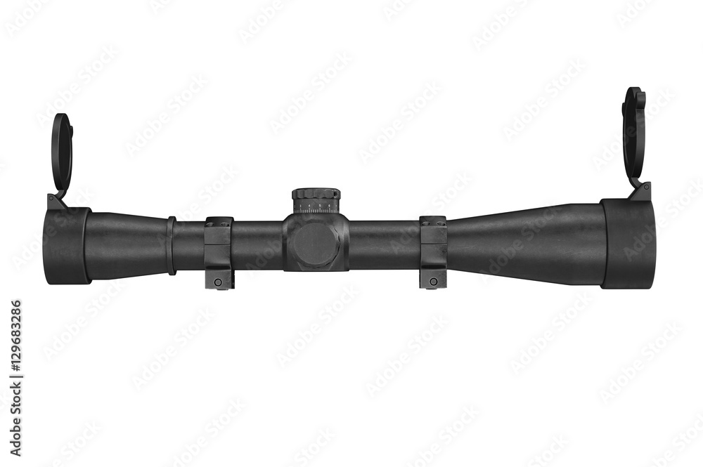 Scope optical equipment for sniper rifle, side view. 3D rendering Stock ...