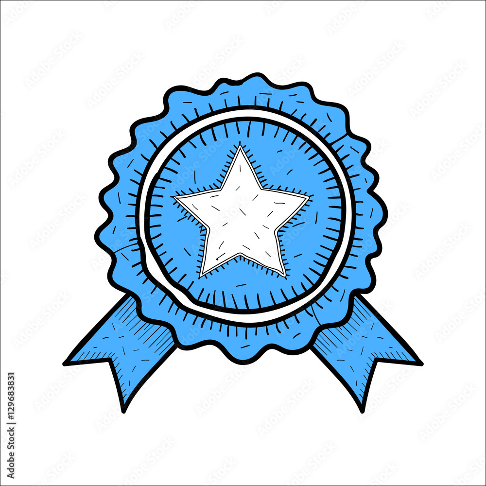 Vector blue badge icon hand drawn style isolated on white background ...