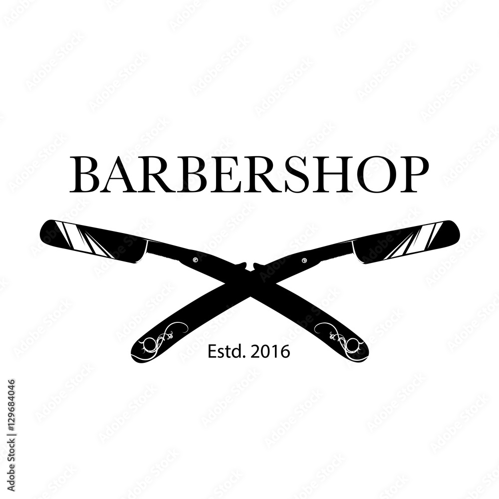 Logo for barbershop, hair salon with barber razor blades. Vector ...