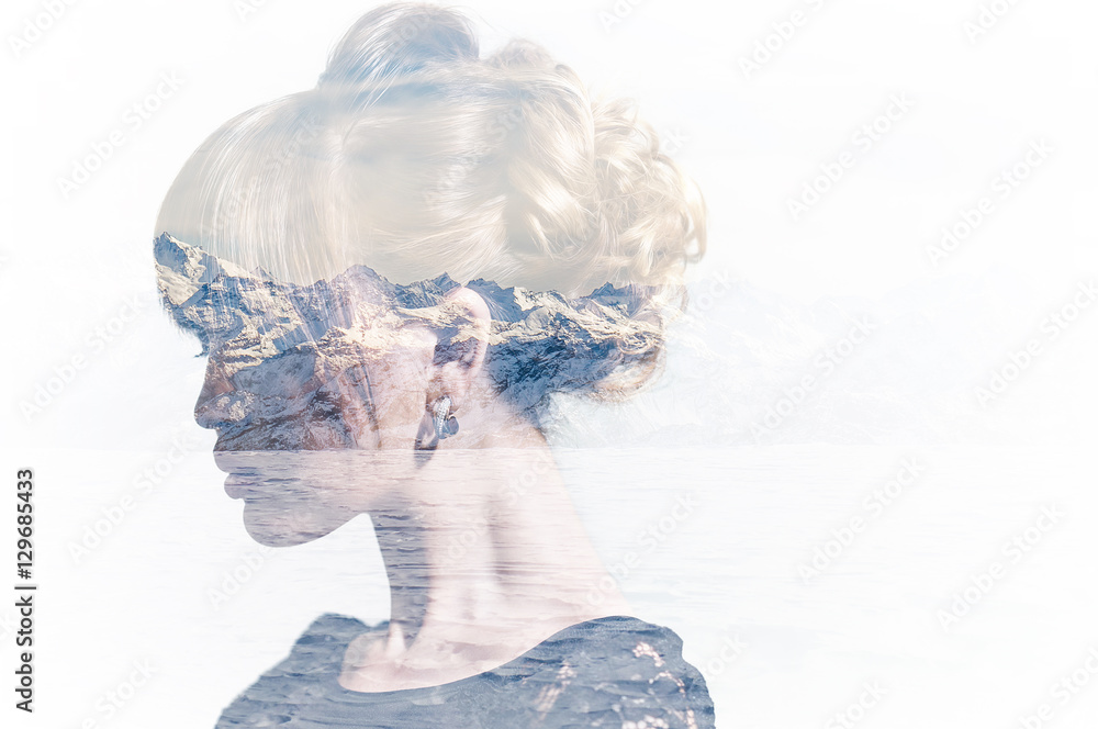 Double exposure of woman profile portrait and snowy mountains Stock ...