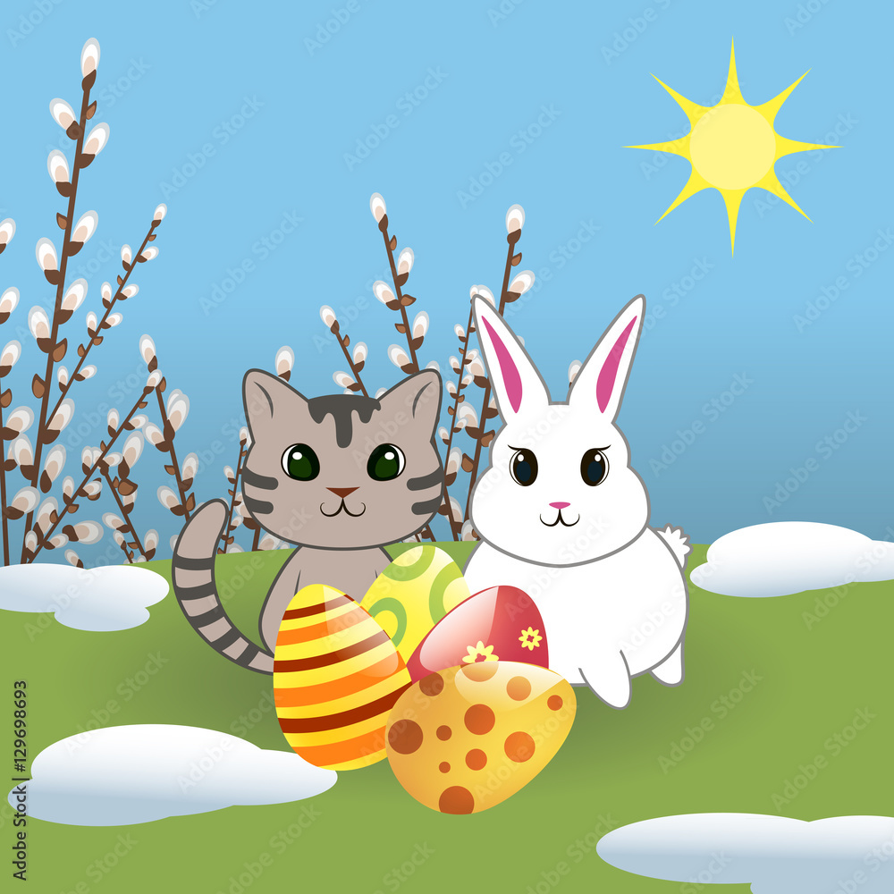 Cute cat and bunny with easter eggs Stock Vector | Adobe Stock