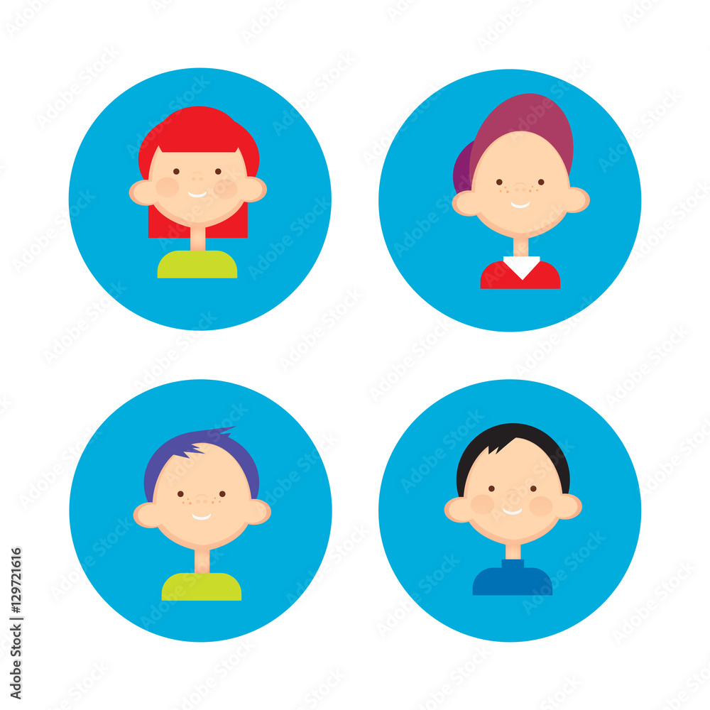 Young People Group Icon Set Teenager Children Avatar Flat Vector ...