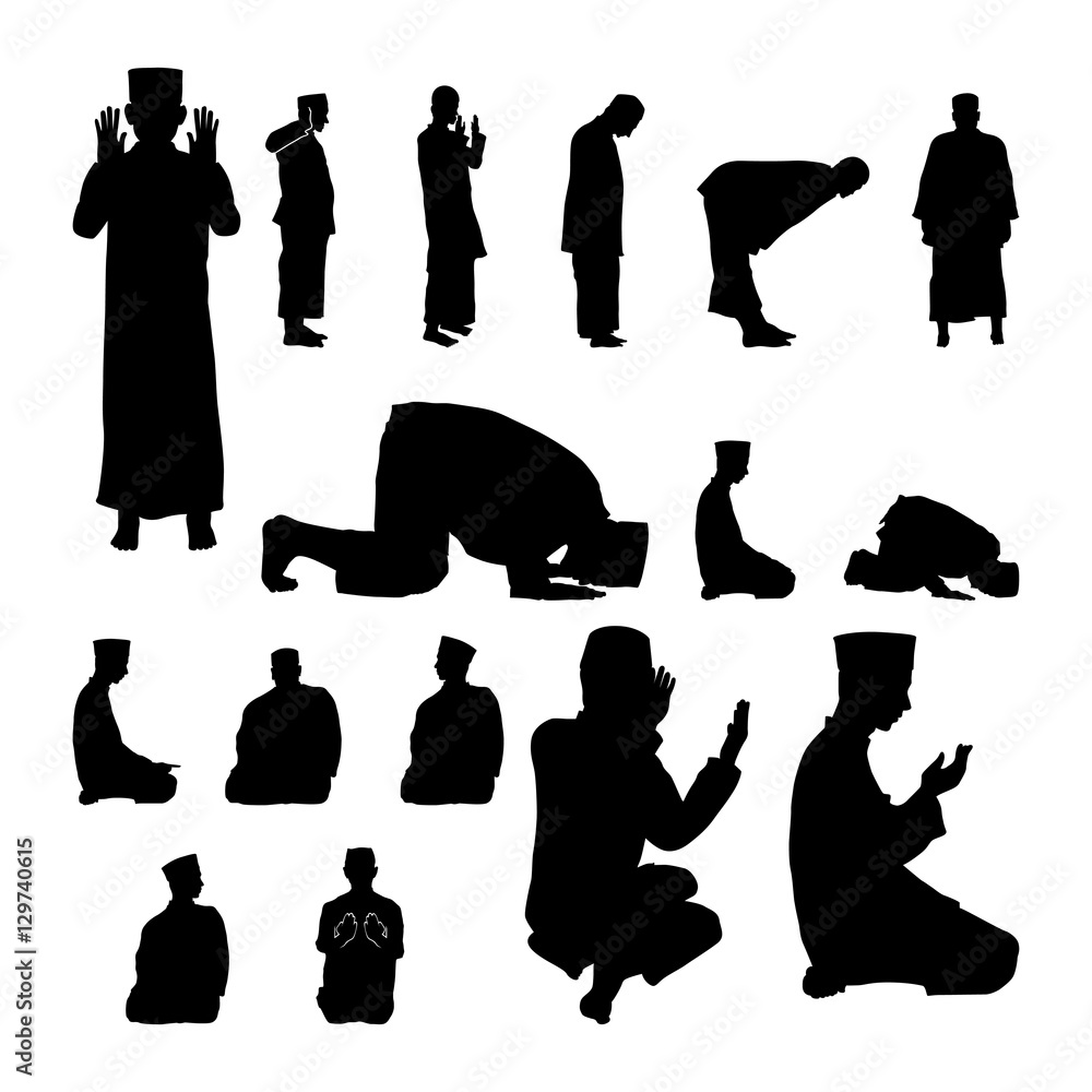 Set of Muslim Prayer Position Guide Perform Silhouette Illustration ...