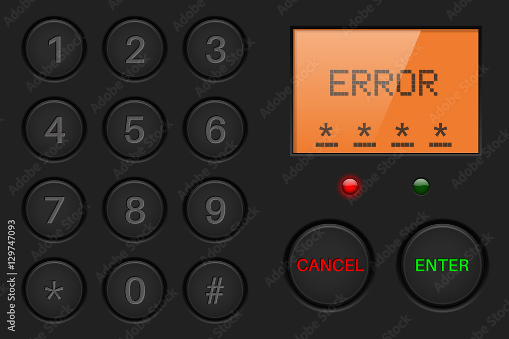 Pin enter display with number buttons and sign ERROR. Black plastic ...