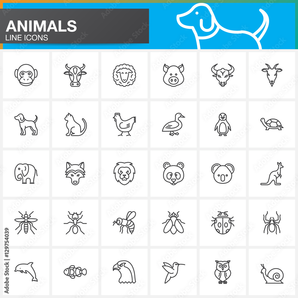 Animals line icons set, outline vector symbol collection, linear ...
