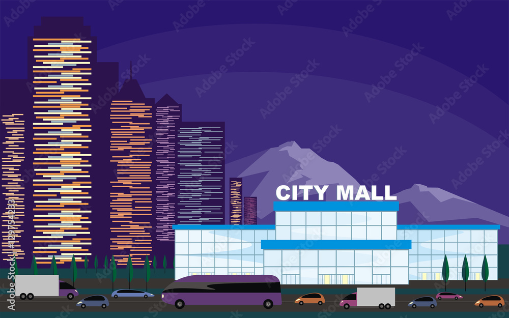 Abstract image of a modern city. Night cityscape with tall buildings ...