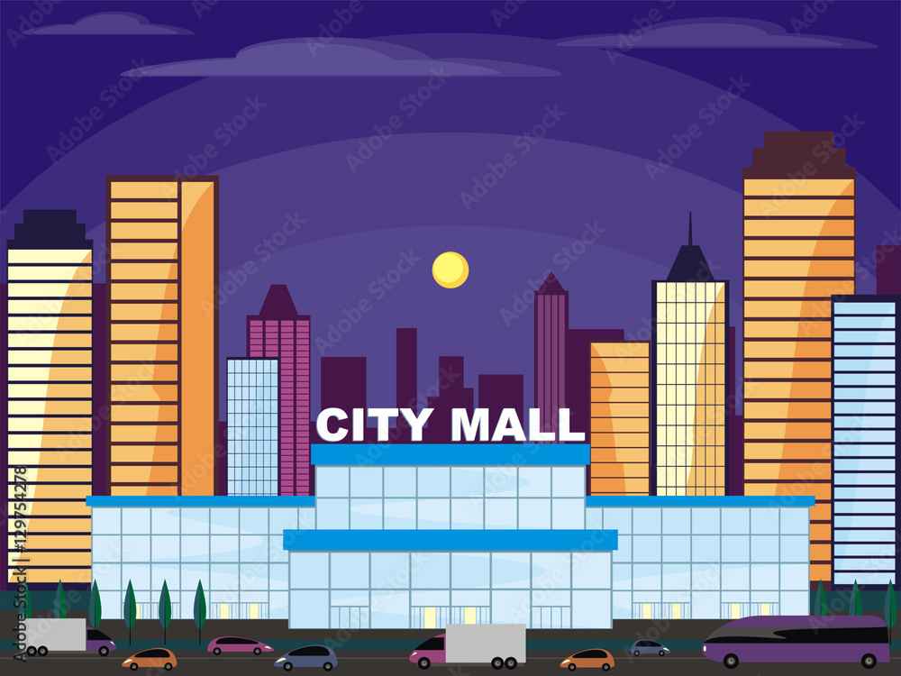 Abstract image of a modern city. Night cityscape with tall buildings ...