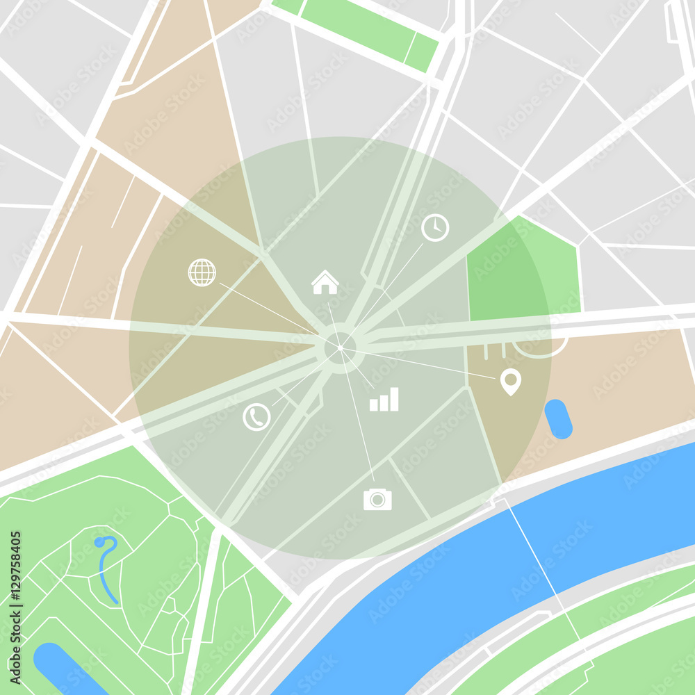 Map of the city with streets, parks and pond. Flat design abstract ...