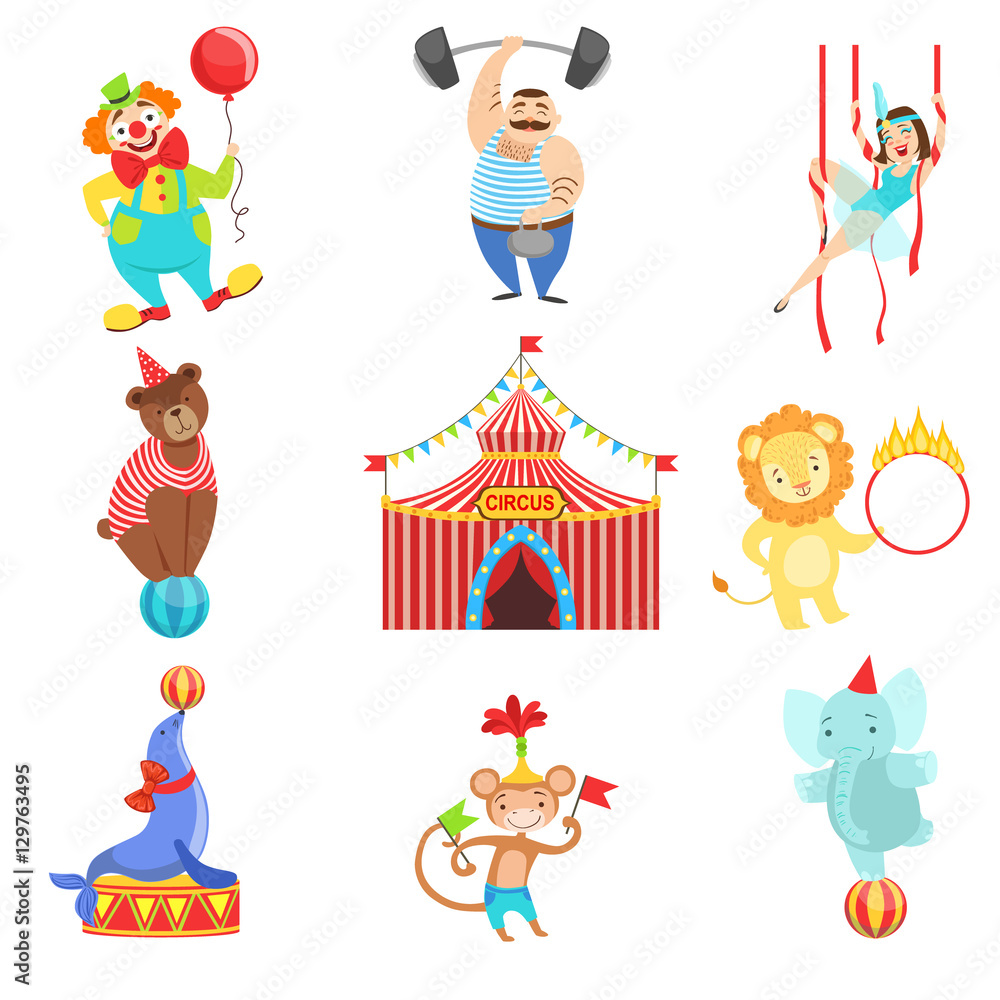 Circus Related Objects And Characters Set Stock Vector | Adobe Stock