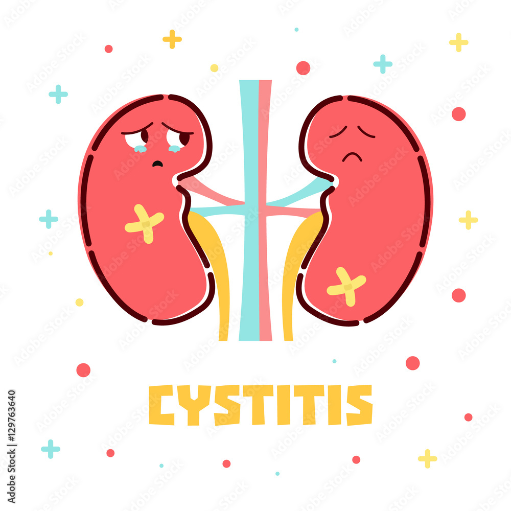 Cystitis disease awareness poster with sad cartoon kidneys character on ...