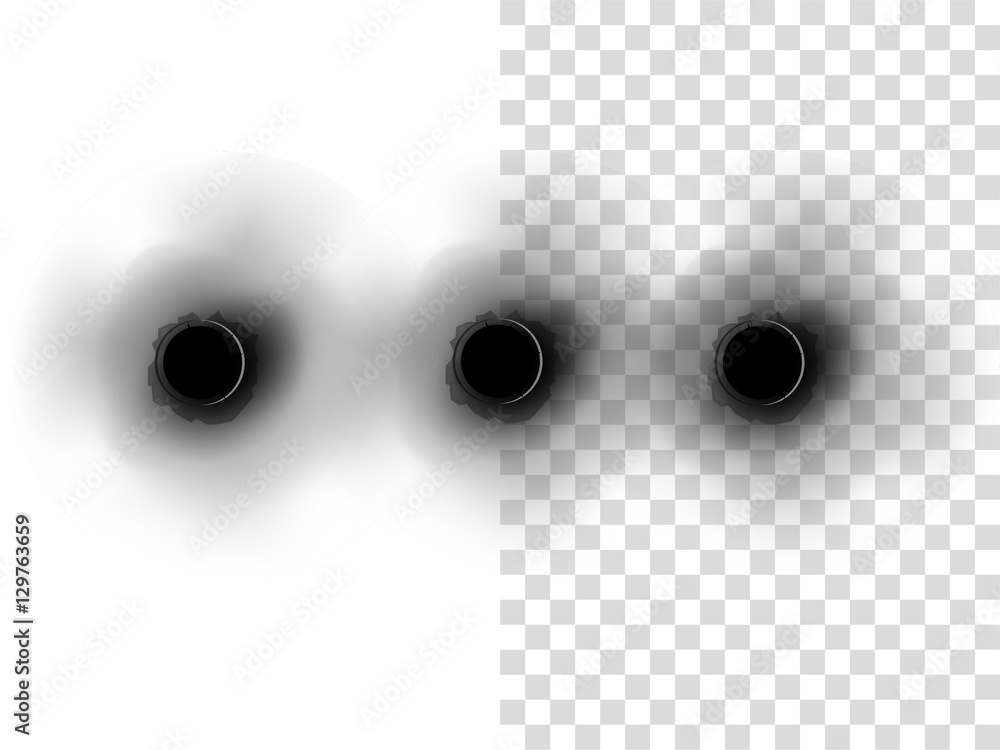 realistic bullet holes from a firearm in a metal plate on transparent ...