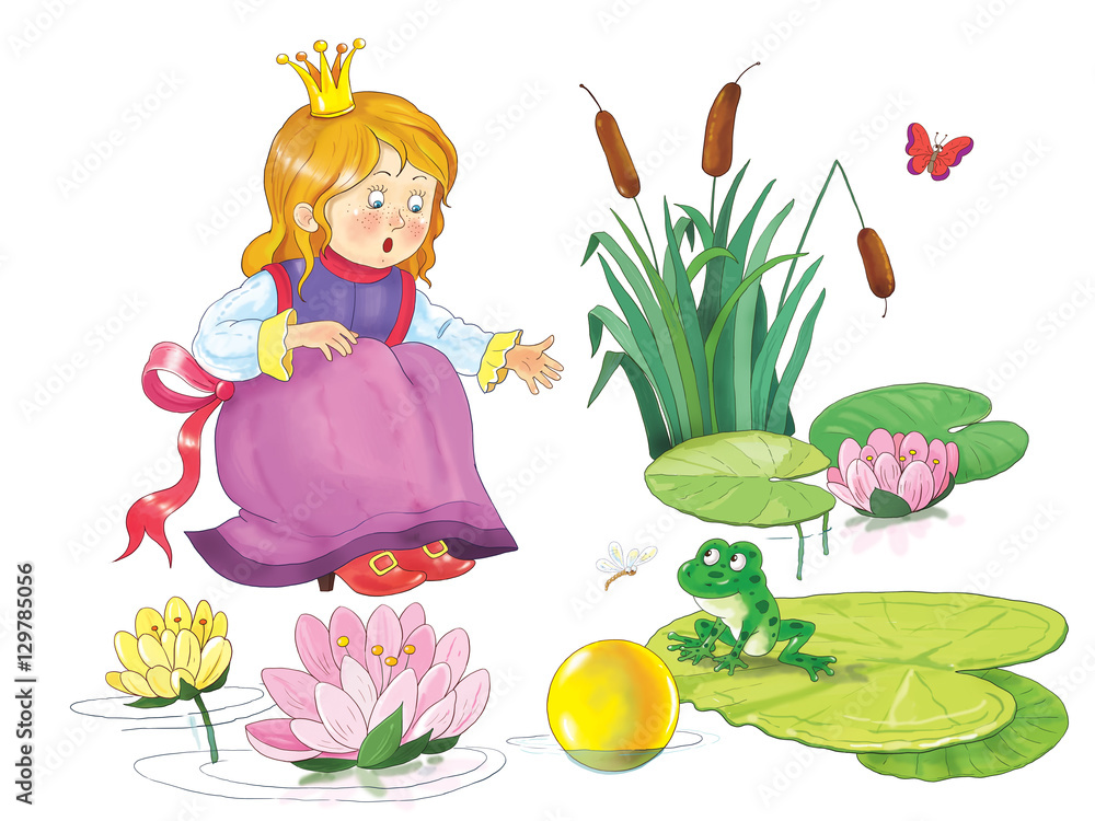 Fairy tale. The frog prince. A cute princess and a frog. Illustration ...
