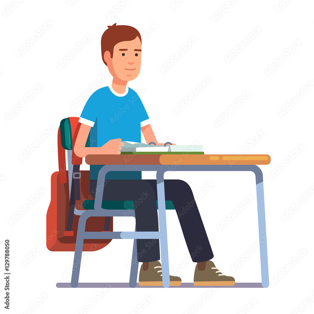 Teen student boy sitting at his school desk Stock Vector | Adobe Stock