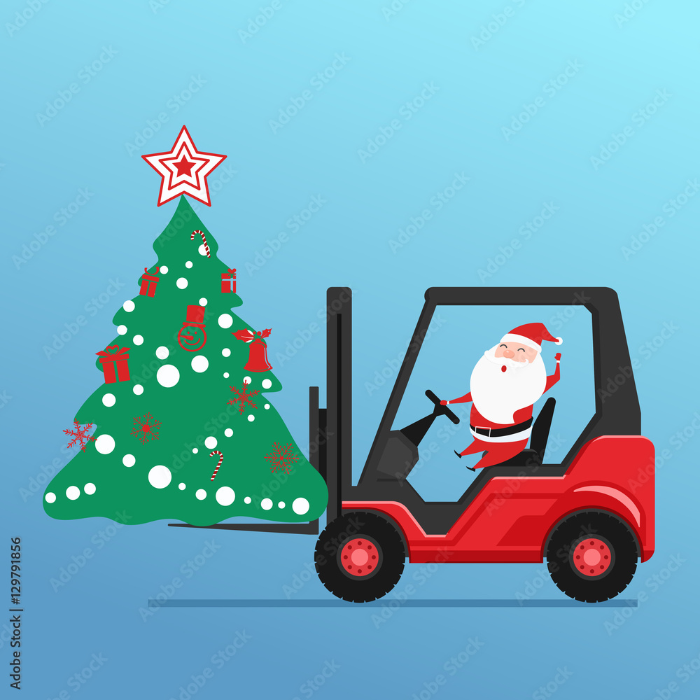 Cute santa claus drives forklift truck loading christmas tree and gift ...