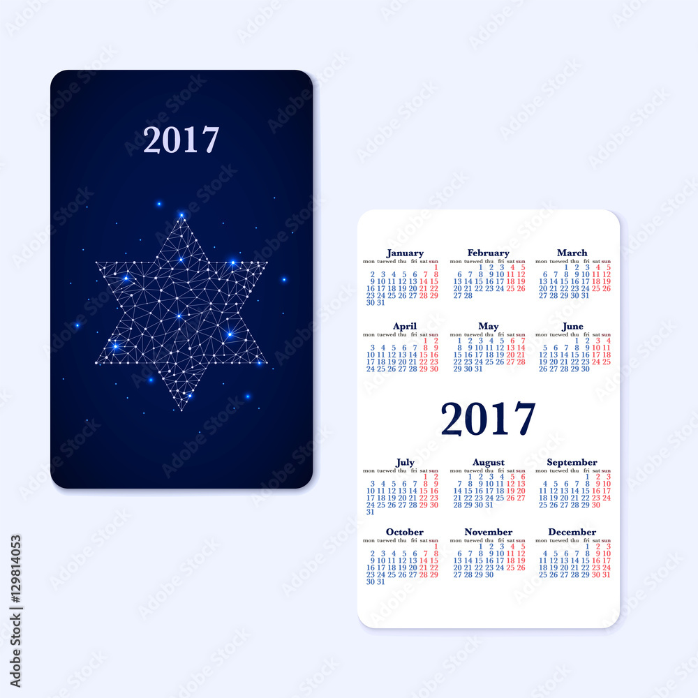 Vertical pocket calendar for 2017 year. Week starts Monday. Double ...