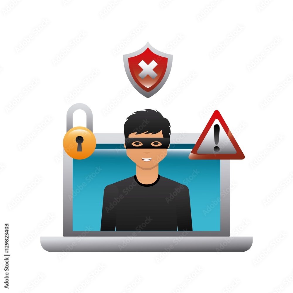 cartoon hacker man with laptop computer icon over white background ...