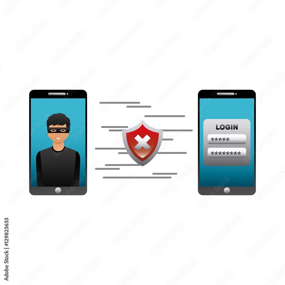 cartoon hacker man on smartphone device screen and wrong shield icon ...