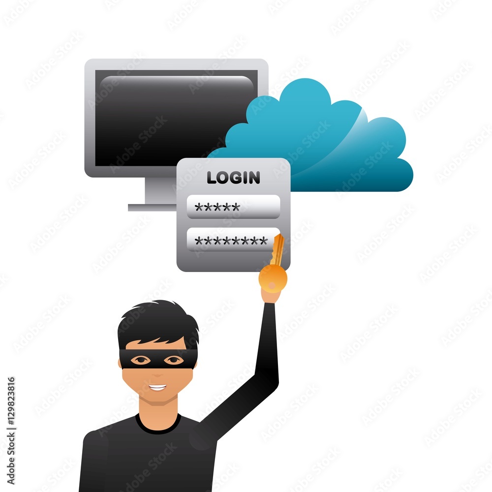cartoon hacker man holding a key and with monitor computer and cloud ...