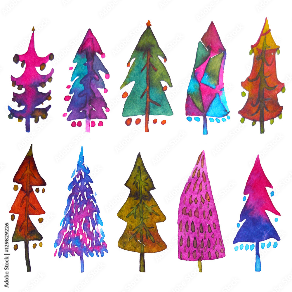 Big collection of watercolor Christmas tree isolated on a white ...