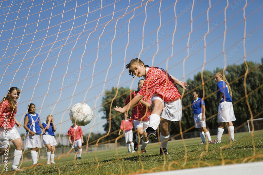Girl scoring goal during soccer match Stock Photo | Adobe Stock