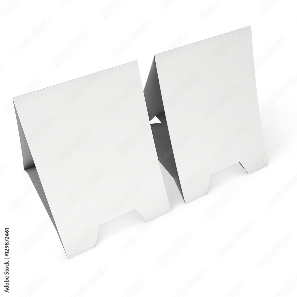 Two blank paper tent cards. 3d render illustration isolated. Table ...