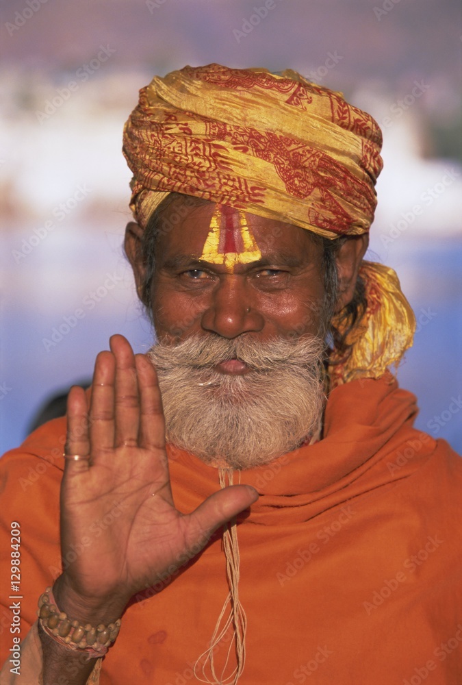 Portrait of a holy man at the annual Hindu pilgrimage to holy Pushkar ...
