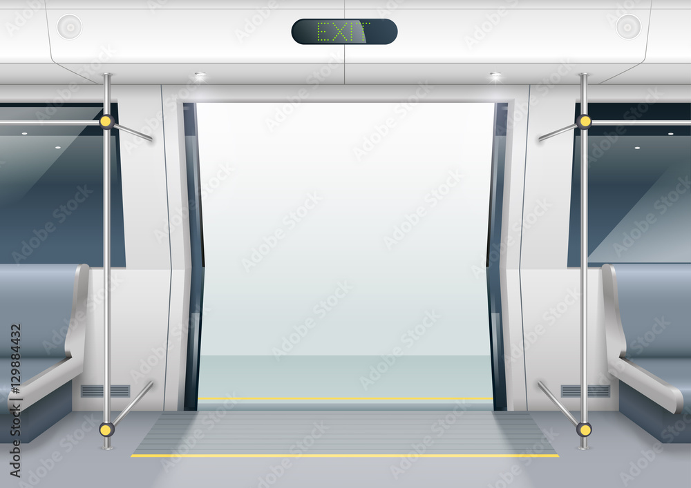 Sliding doors of modern subway car with seating for passengers. Vector ...