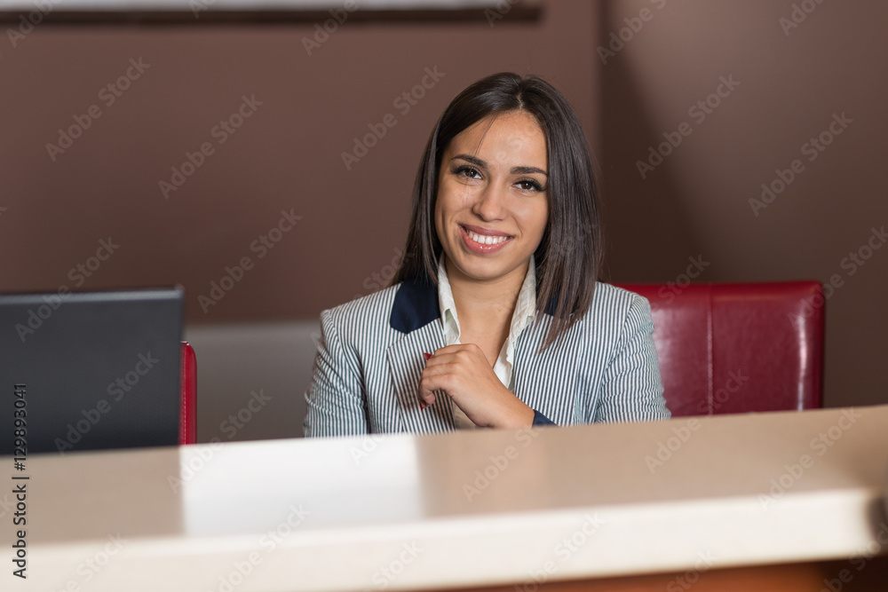 Asian Woman Hotel Receptionist Stand At Reception Table In Lobby ...