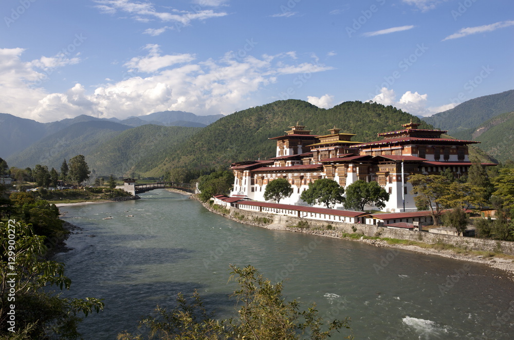 Punakha Dzong located at the junction of the Mo Chhu (Mother River) and ...