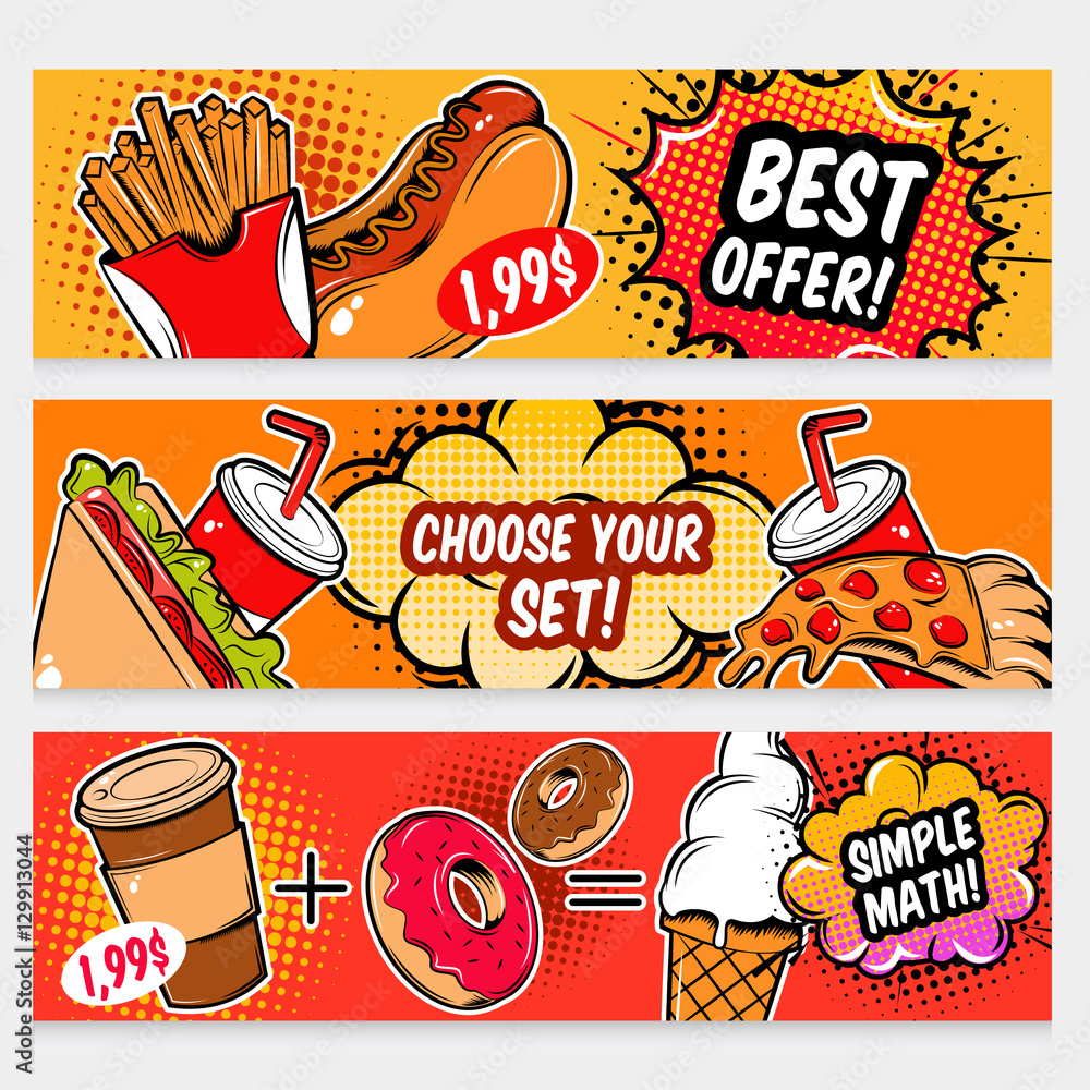 Food Comics Banner Set Stock Vector | Adobe Stock