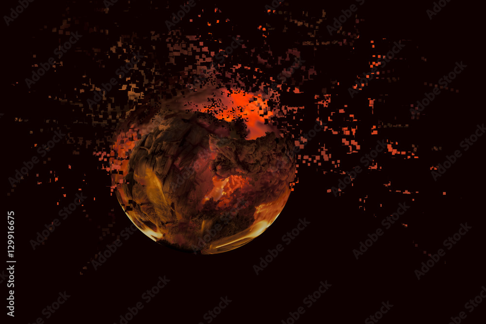 esfera 3d con efecto dispersión como un mundo en llamas explotando ...